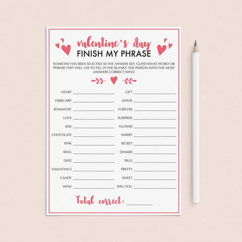 Valentine's Day Party Game Finish My Phrase | Printable & Virtual ...