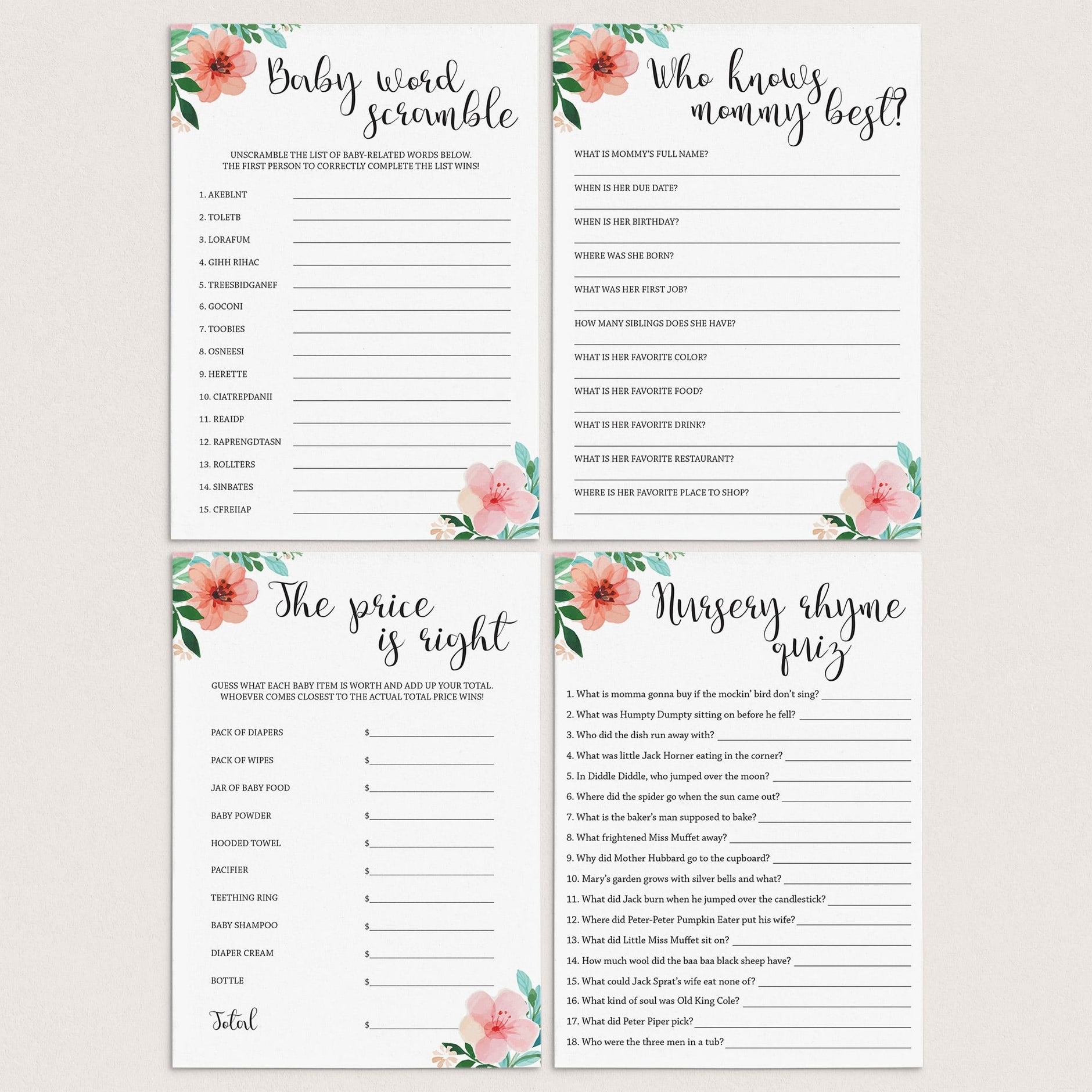 Floral baby shower printable games, decorations and invitations ...