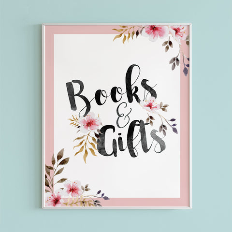 Books and Gifts table sign with pink watercolor flowers | Instant ...
