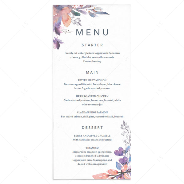Printable Menu Card Blush Violet 5x7 Menu Card Template Etsy