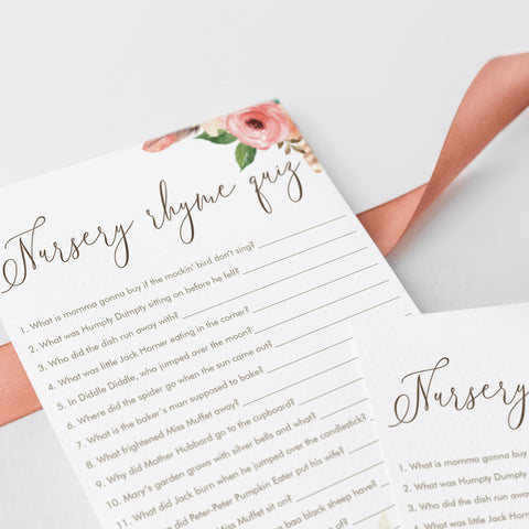 Watercolor Flowers baby shower Nursery Rhyme Quiz printable | Instant ...