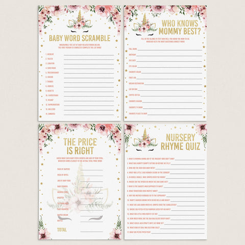 Unicorn Baby Shower games bundle printable | Instant download ...