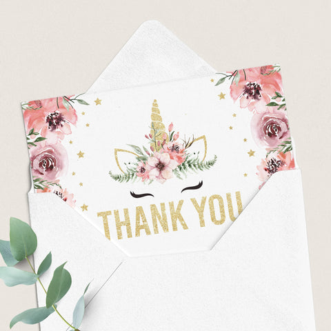 Printable Unicorn thank you note cards with pink flowers | Instant ...