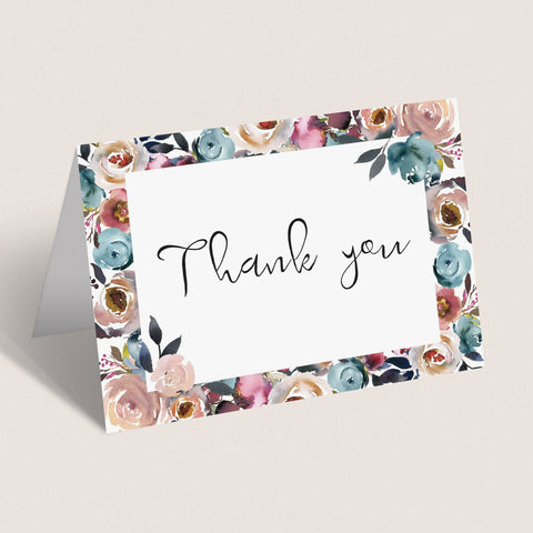 Printable boho themed Thank You Card | Instant download floral shower ...