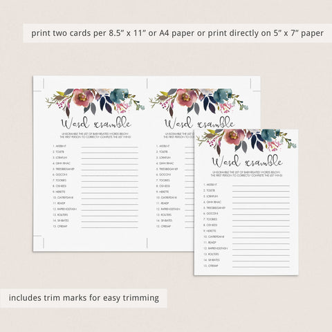Floral Word Scramble printable for neutral baby shower | Instant ...