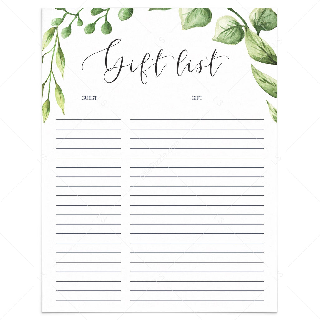 Gift List printable with Green Leaves | Instant download PDF and JPG ...