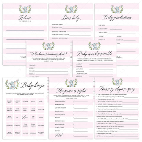 Pink Elephant Baby Shower Games Package for Girl | Printables ...