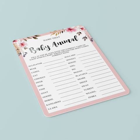 Blush floral baby shower game Name That Baby Animal | Instant download ...