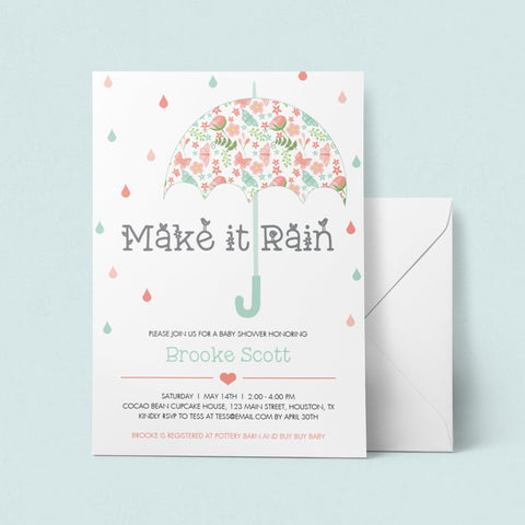 Colorful Rain baby shower invitation template with raindrops and ...