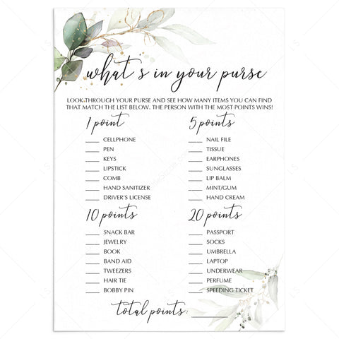 What's In Your Purse Game Printable | Greenery and Gold Theme ...