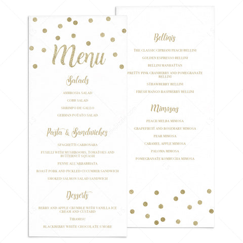Gold Menu Template Faux Gold Confetti | Printable Baby Shower Menu ...