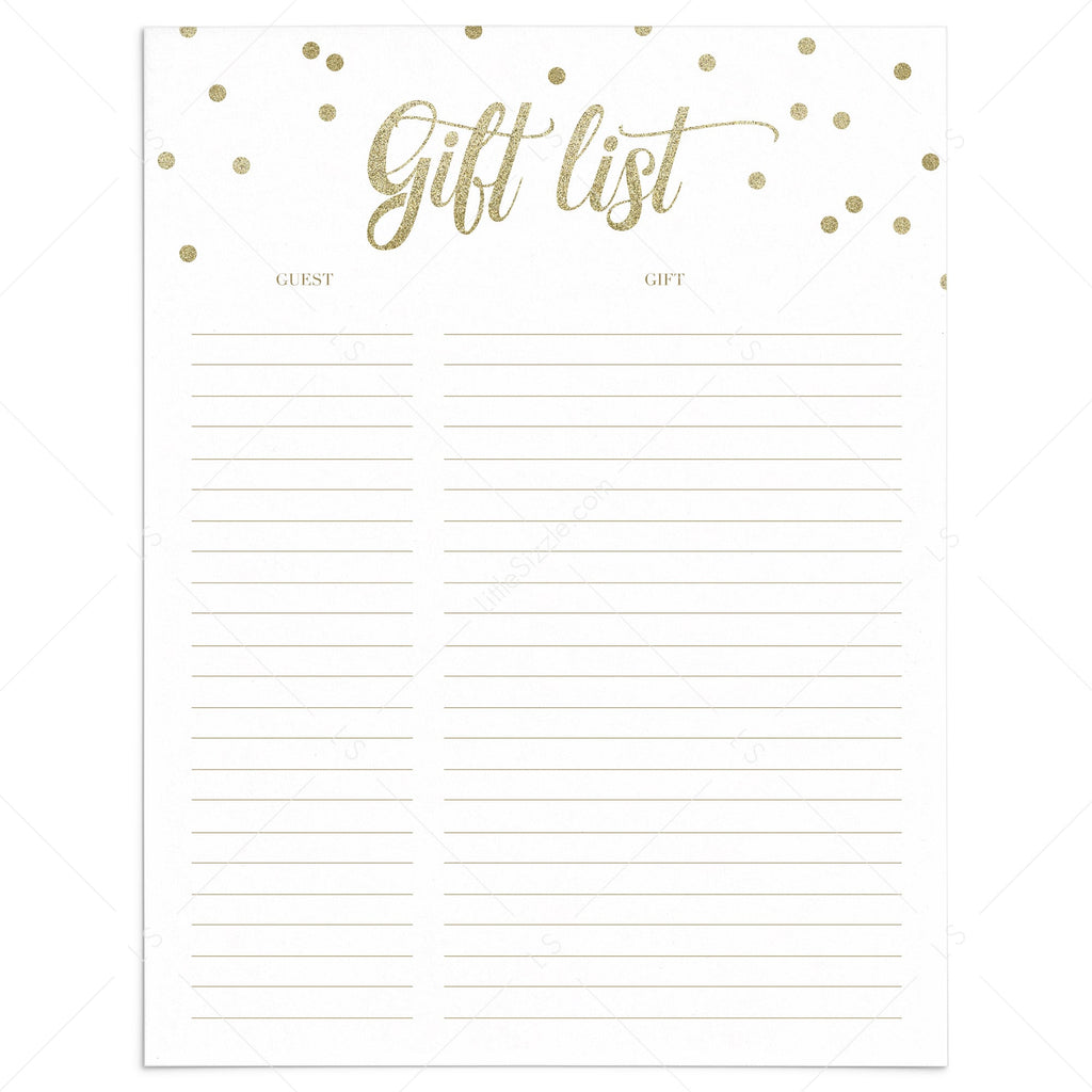 Gold Confetti Gift List Printable | Instant download PDF and JPG files ...
