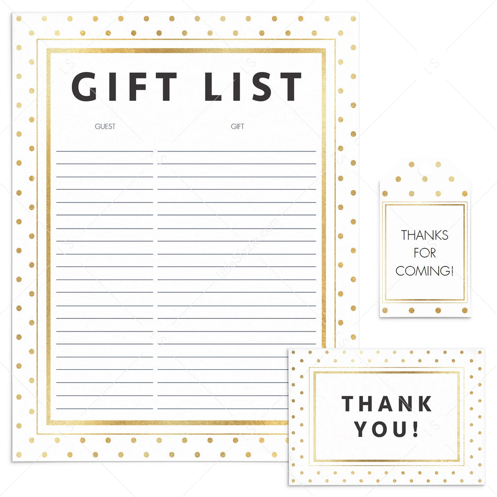 Printable Thank You Notes, Tags and Gifts Lists with Gold Polka Dots ...