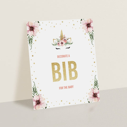 Unicorn Baby Shower decorations Decorate A Bib sign printable | Instant ...