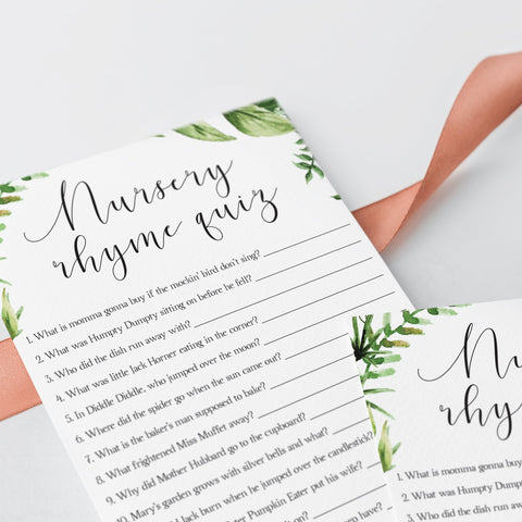 Greenery Nursery Rhyme Quiz babyshower game printable | Instant ...
