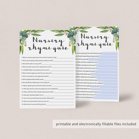 Nursery Rhyme game for Greenery Baby Shower | Printable & Virtual PDF ...