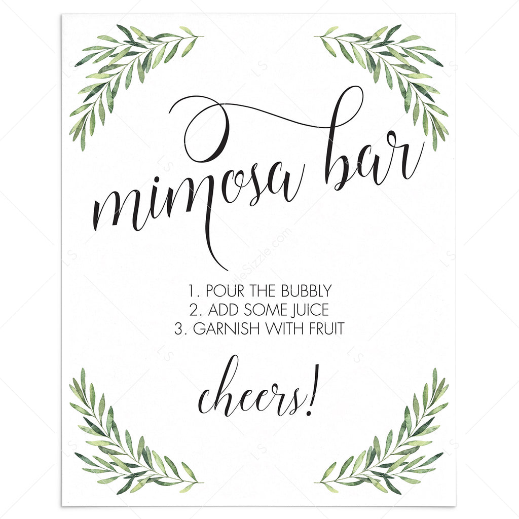 Mimosa Sign printable with Calligraphy Font and Green Olive Branches ...
