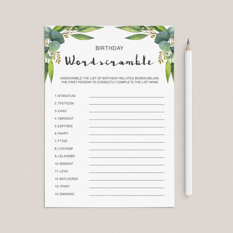 Botanical Birthday Word Scramble Printable | Instant Download ...