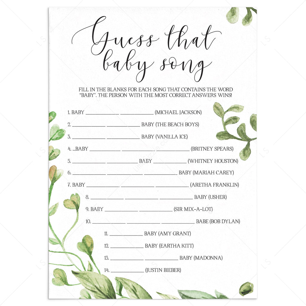 Guess That Song baby shower game with green leaves printable | Instant ...