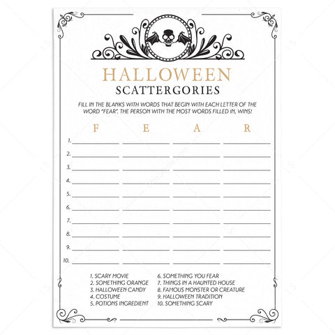 Black and Gold Halloween Game Printable Scattergories – LittleSizzle