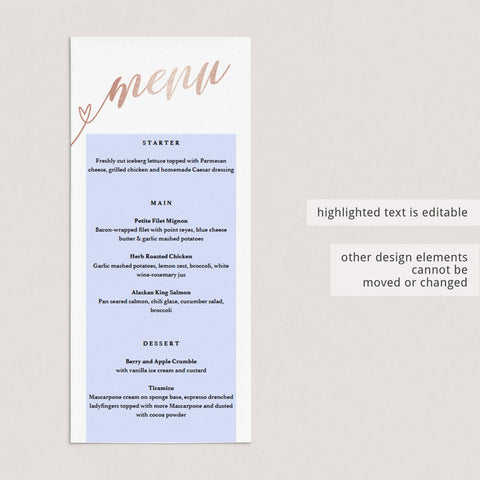 Rose Gold Menu Card Printable | Editable template | LittleSizzle