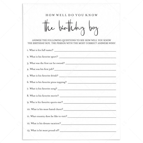 How Well Do You Know The Birthday Boy Printable | Adult Birthday Games ...