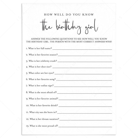 Womens Birthday Game Printable | How Well Do You Know The Birthday Girl ...
