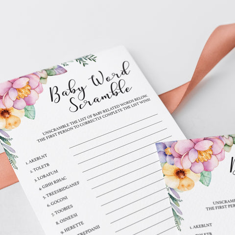 Printable flower baby shower Word Scramble | Instant download floral ...
