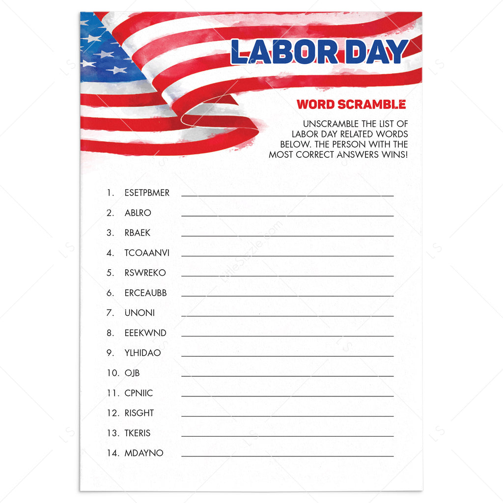 Labor Day Word Scramble Game Printable | Instant Download – LittleSizzle
