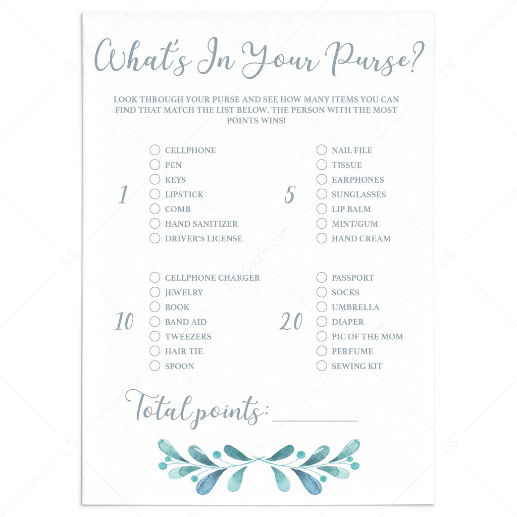 Watercolor Baby Shower What's In Your Purse Game Printable – LittleSizzle