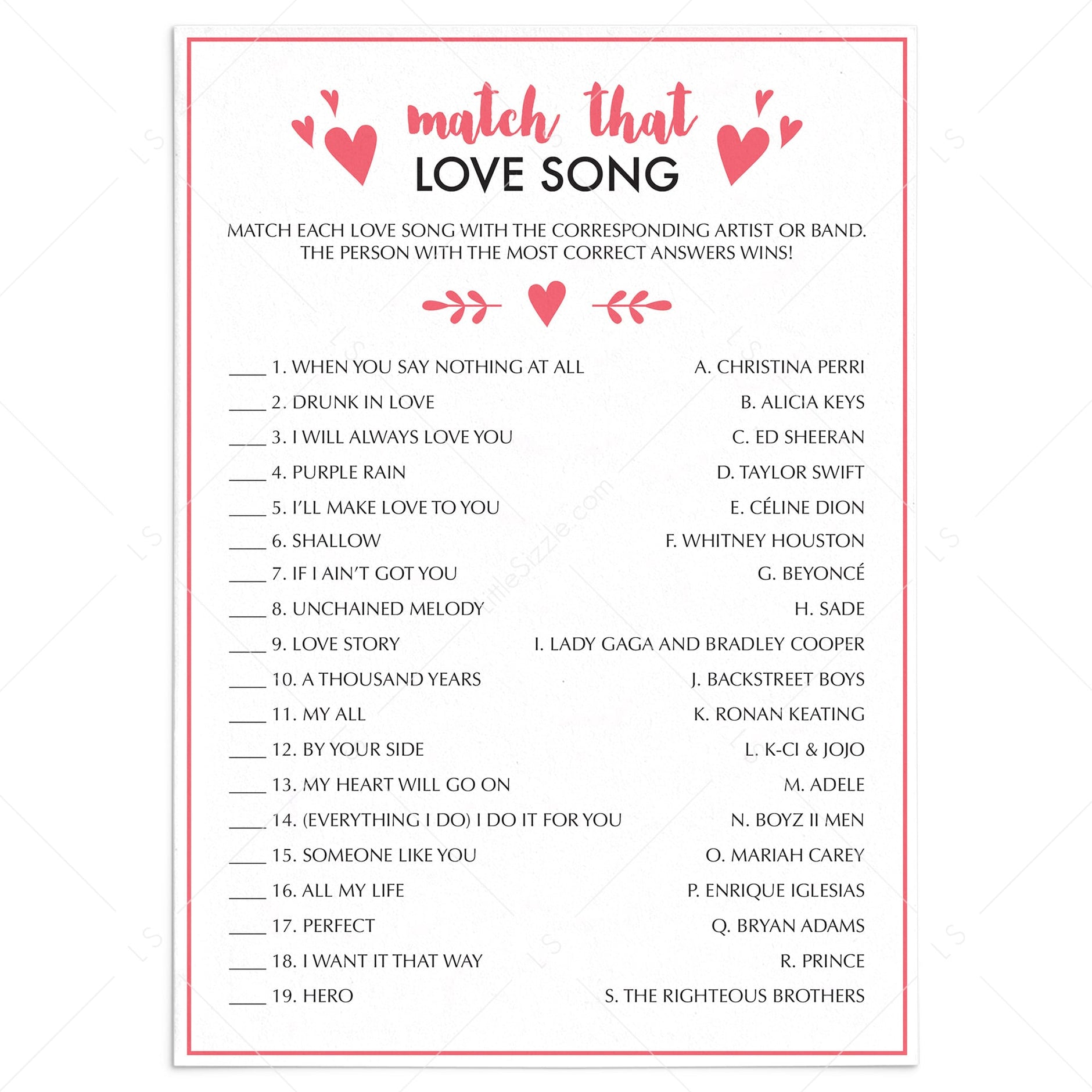 Valentine's Day Love Song Games Printable | Answer Key Included ...