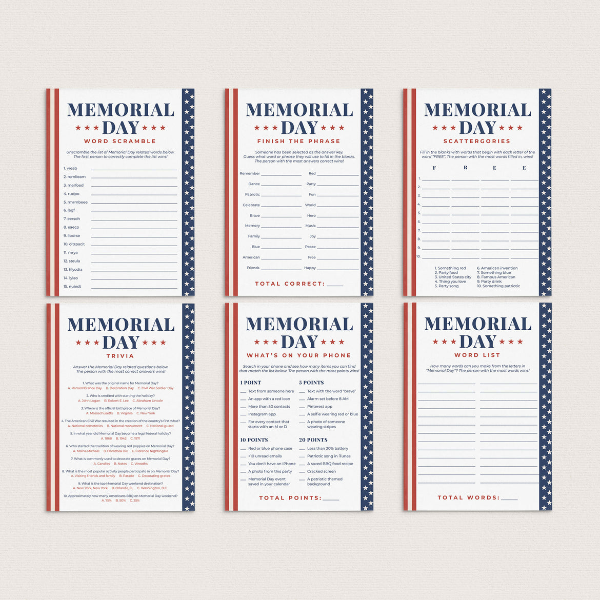Memorial Day Games Printable | Patriotic Games for Kids & Adults ...