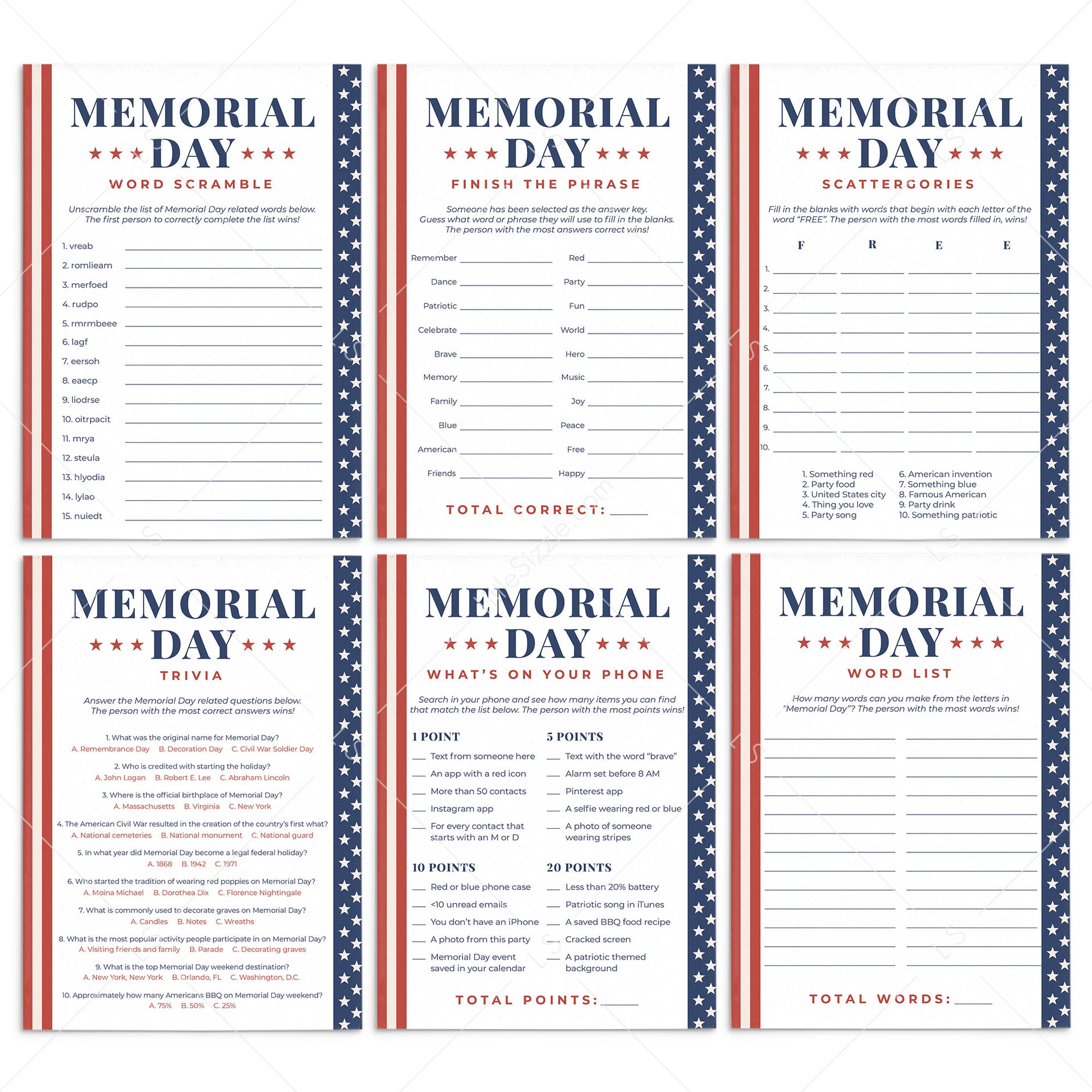 Memorial Day Games Printable | Patriotic Games for Kids & Adults ...