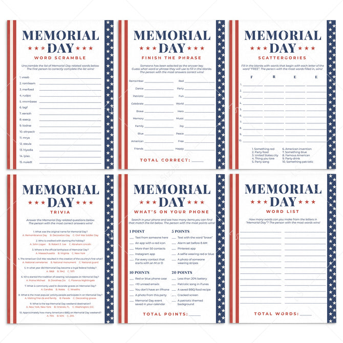 Memorial Day Games for Family | Printable USA Party Games – LittleSizzle