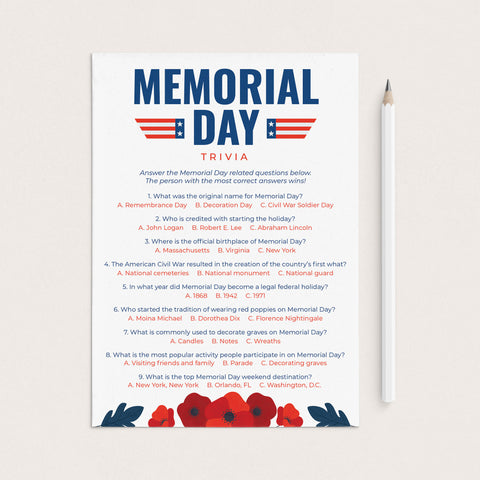 Printable Memorial Day Quiz with Answer Key | Instant Download ...