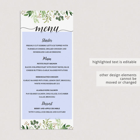 Green Leaves Menu Card editable PDF template | Instant download ...