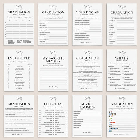 Modern Minimal Graduation Party Games Bundle | 12 Grad Party Games ...
