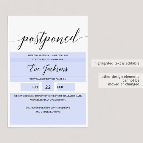 Modern Postponed Announcement Template with Calligraphy Font – LittleSizzle