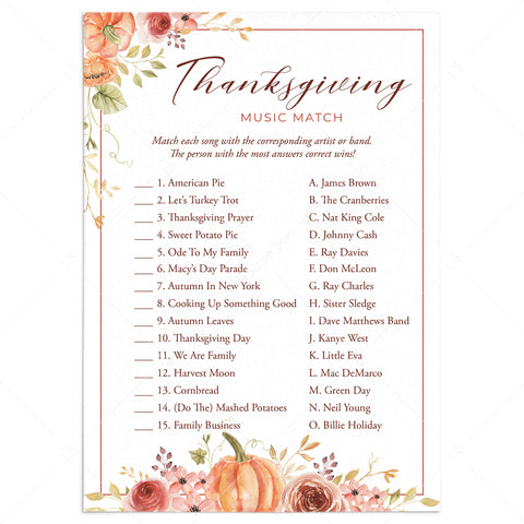 Thanksgiving Music Matching Game with Answers Printable | Turkey Trot ...