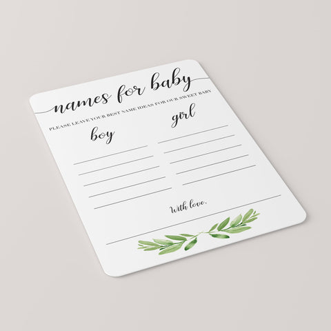Printable Baby Name Suggestion card gender neutral with green leaves#N ...