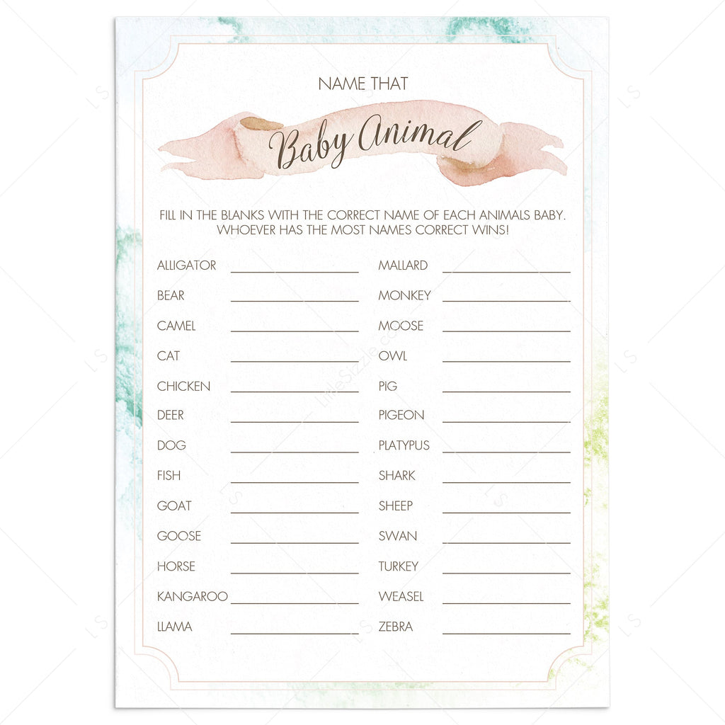 Printable baby shower game Name The Baby Animal | Instant download ...