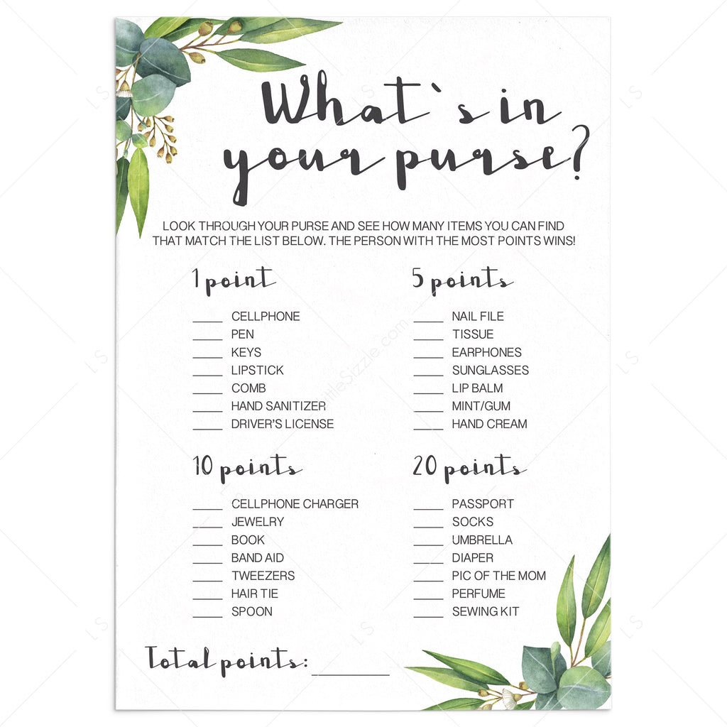 Green baby shower game What's In Your Purse printable | Instant ...