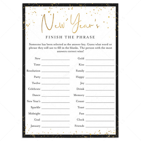 New Year's Eve Party Game for Groups Printable Finish The Phrase ...