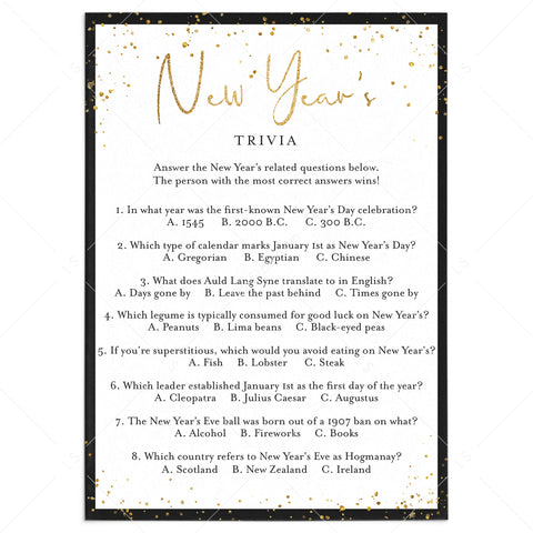New Years Trivia Game with Answers Printable | Instant Download ...