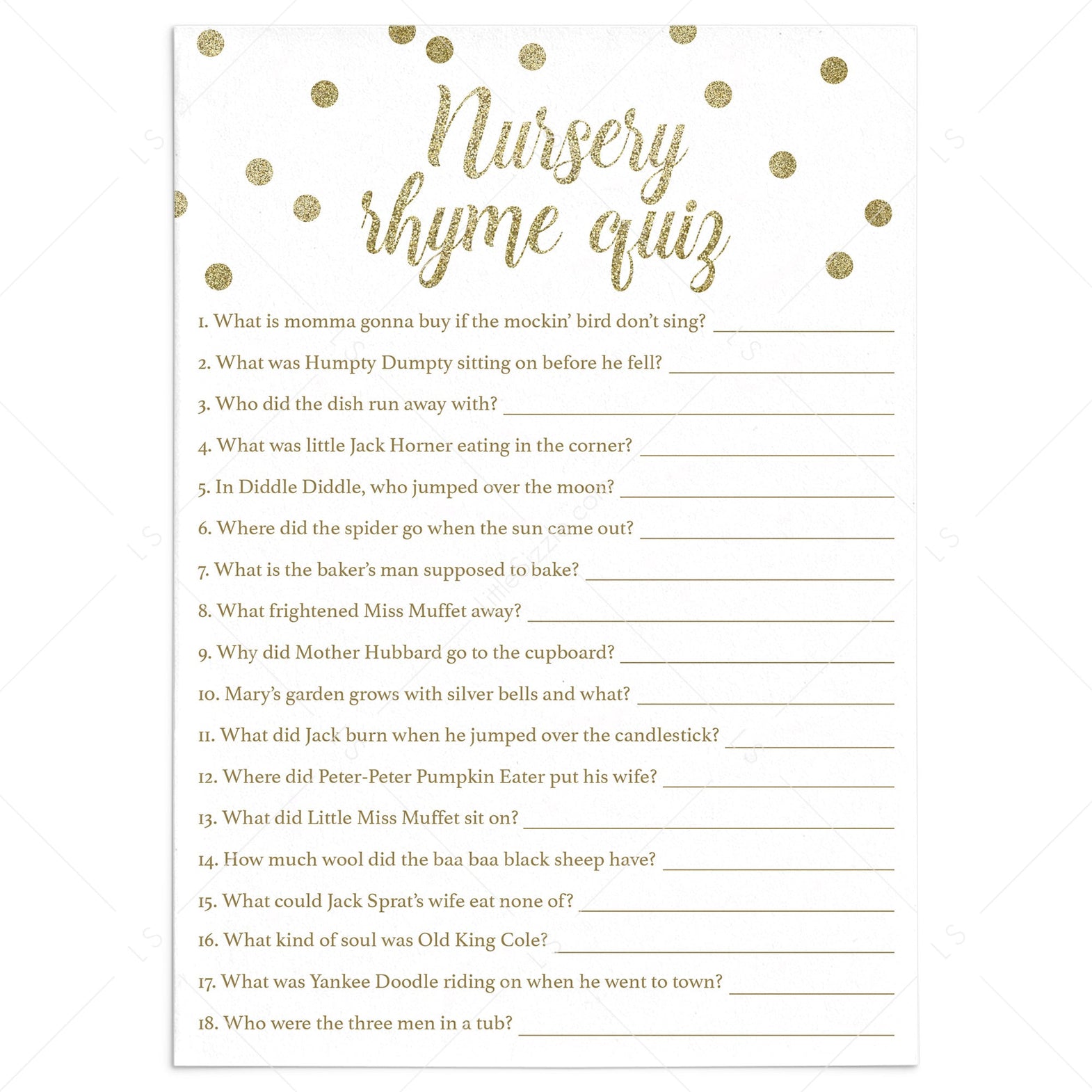 Printable baby shower Nursery Rhyme Quiz games | Instant download ...