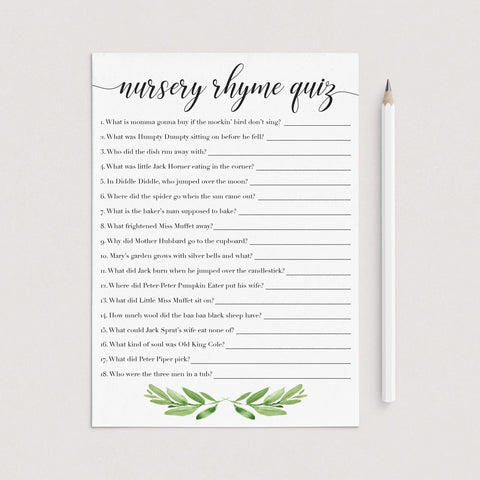 Green Baby Shower Nursery Rhyme Quiz | Virtual & Printable Files ...