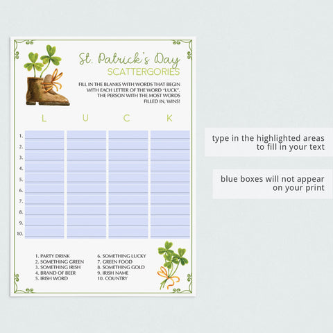 St Patricks Day Scattergories Game Template | Virtual & Printable files ...