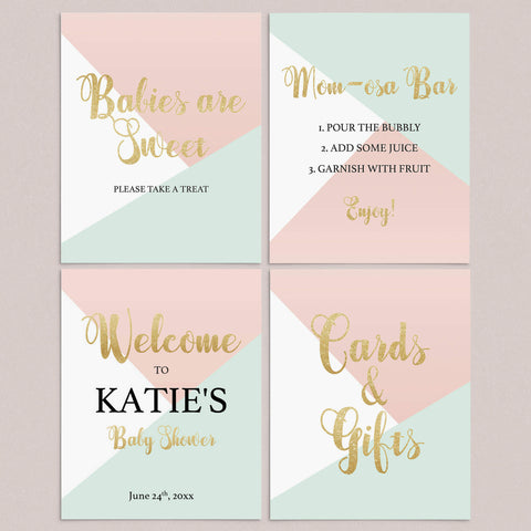 Pink Mint and Gold baby shower decor pack | Printable baby shower signs ...