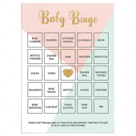 Pink, Mint & Gold Baby Shower Bingo Cards | 30 Prefilled cards ...