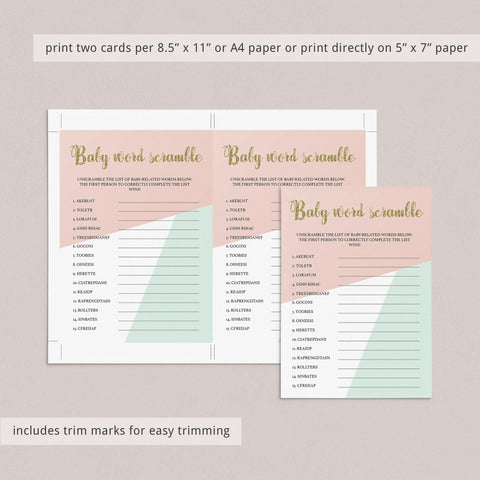 Printable Baby Shower Word Scramble games | Pastel baby shower games ...